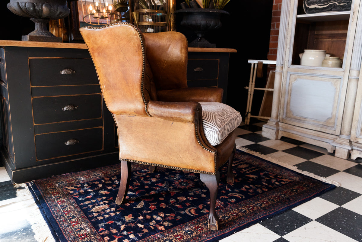 Vintage Leather Wingback Chair ~ Ticking Feather Cushion – French & Sons